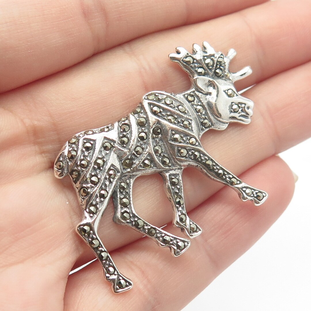 925 Sterling Silver Vintage Real Marcasite Gem Moose Pin Brooch - Etsy
