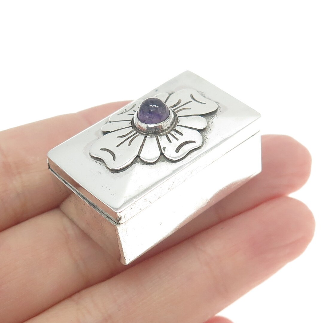 DAMASO GALLEGOS Sterling Silver Vintage Mexico Amethyst Flower Pill ...