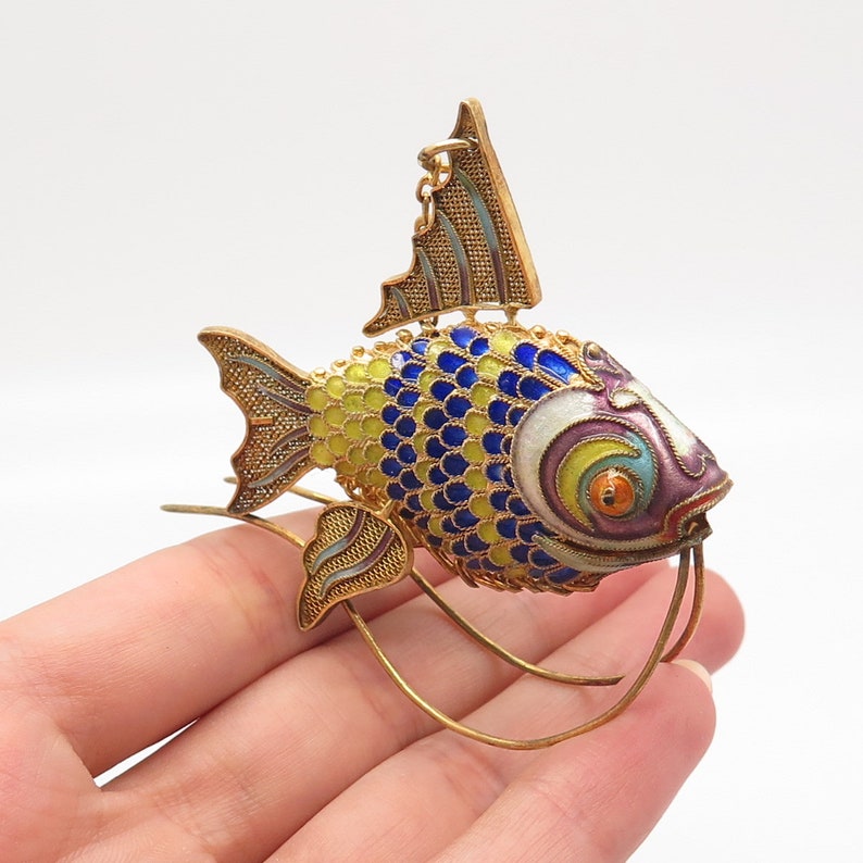 925 Sterling Silver Gold Plated Antique Enamel Chinese Koi Fish ...