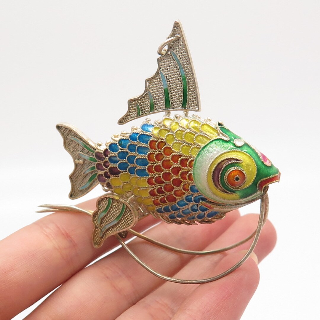 925 Sterling Silver Enamel Antique Chinese Koi Fish Articulated ...
