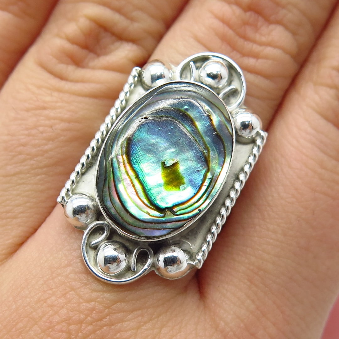 925 Sterling Silver Vintage Real Abalone Shell Statement Ring Size 7.25 ...