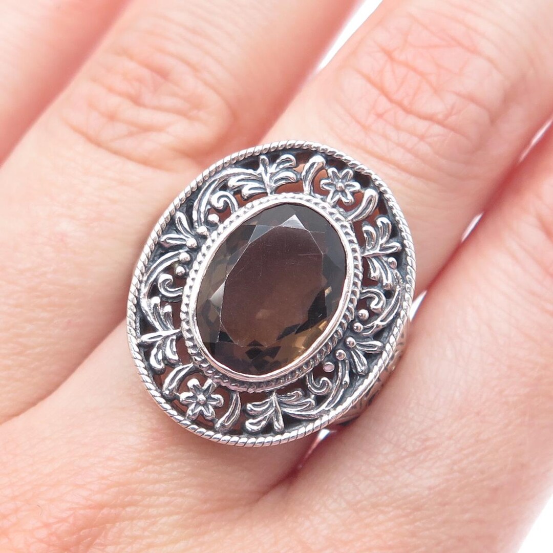 SAMUEL BENHAM BJC 925 Sterling Vintage Real Smoky Quartz Floral Ring ...