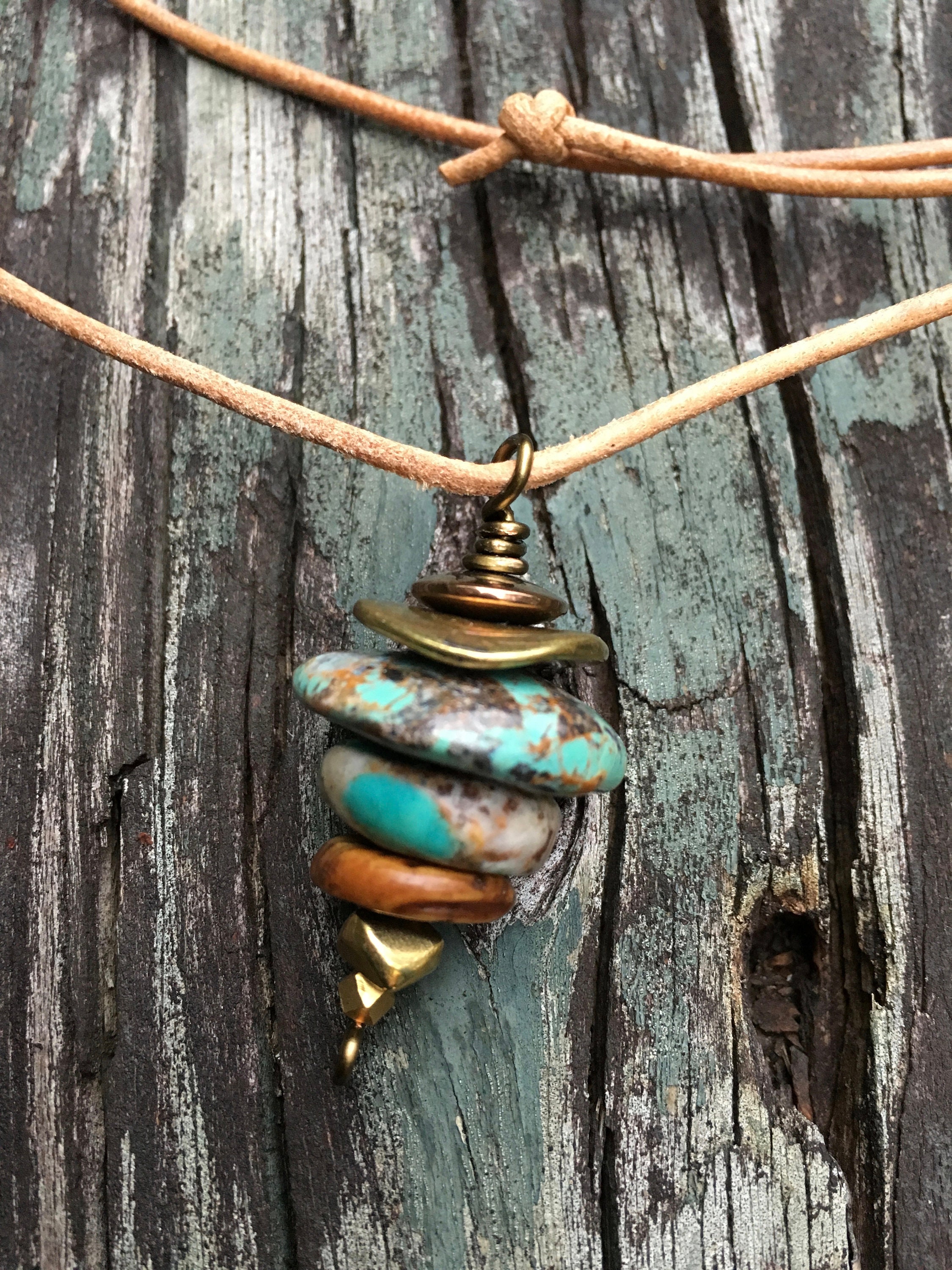Turquoise Stack Pendant Hung From Natural Leather Cord With Brass ...
