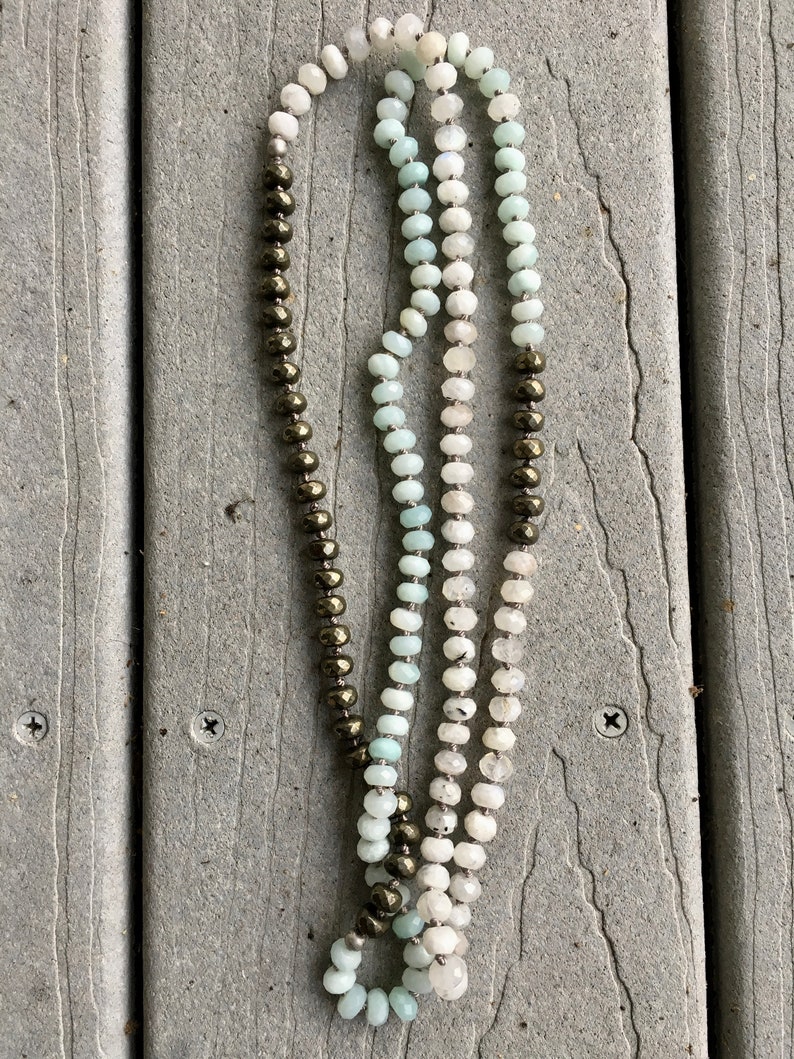 Color Block Long Layering Moonstone Pyrite and Blue Amazonite | Etsy