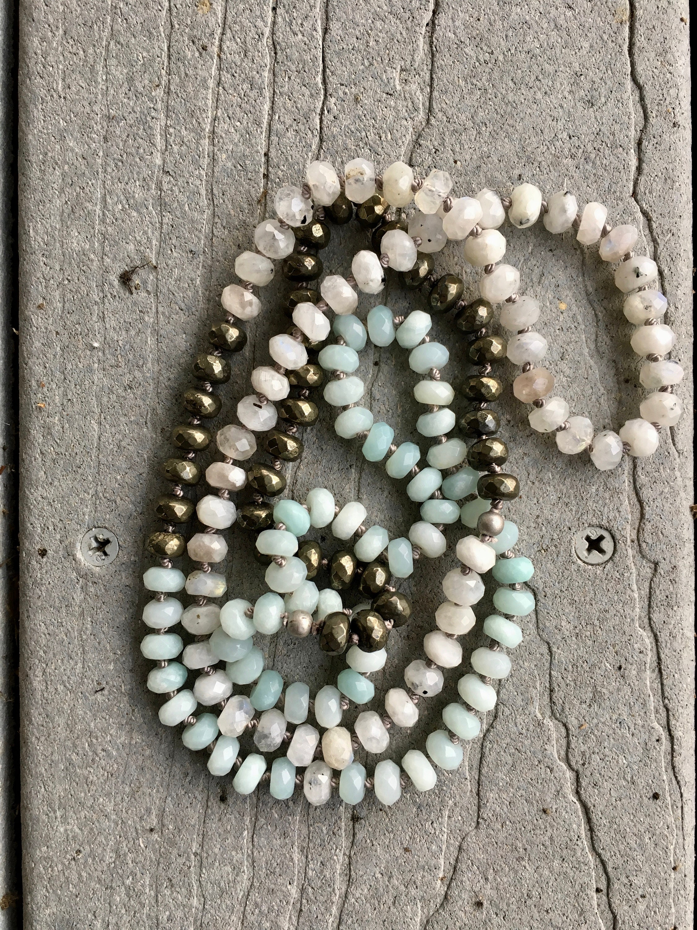Color Block Long Layering Moonstone Pyrite and Blue Amazonite | Etsy