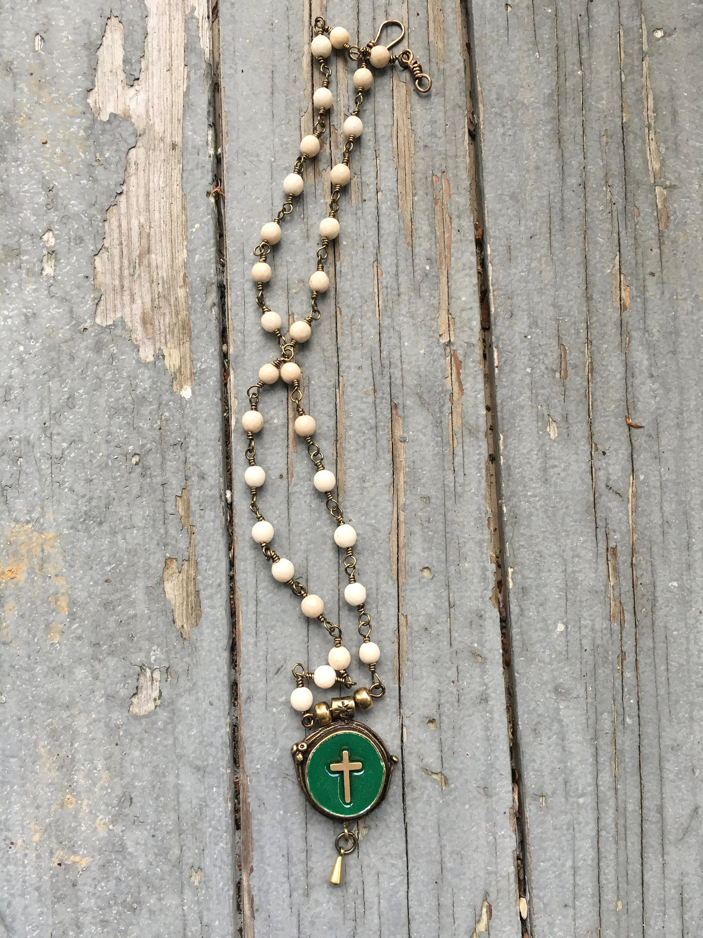 Rosary Chain River Stone Necklace With Cross Pendant by Seejanesbeads ...