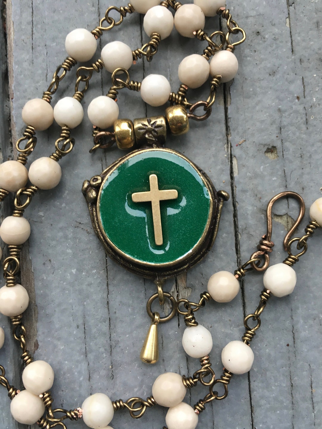 Rosary Chain River Stone Necklace With Cross Pendant by Seejanesbeads ...