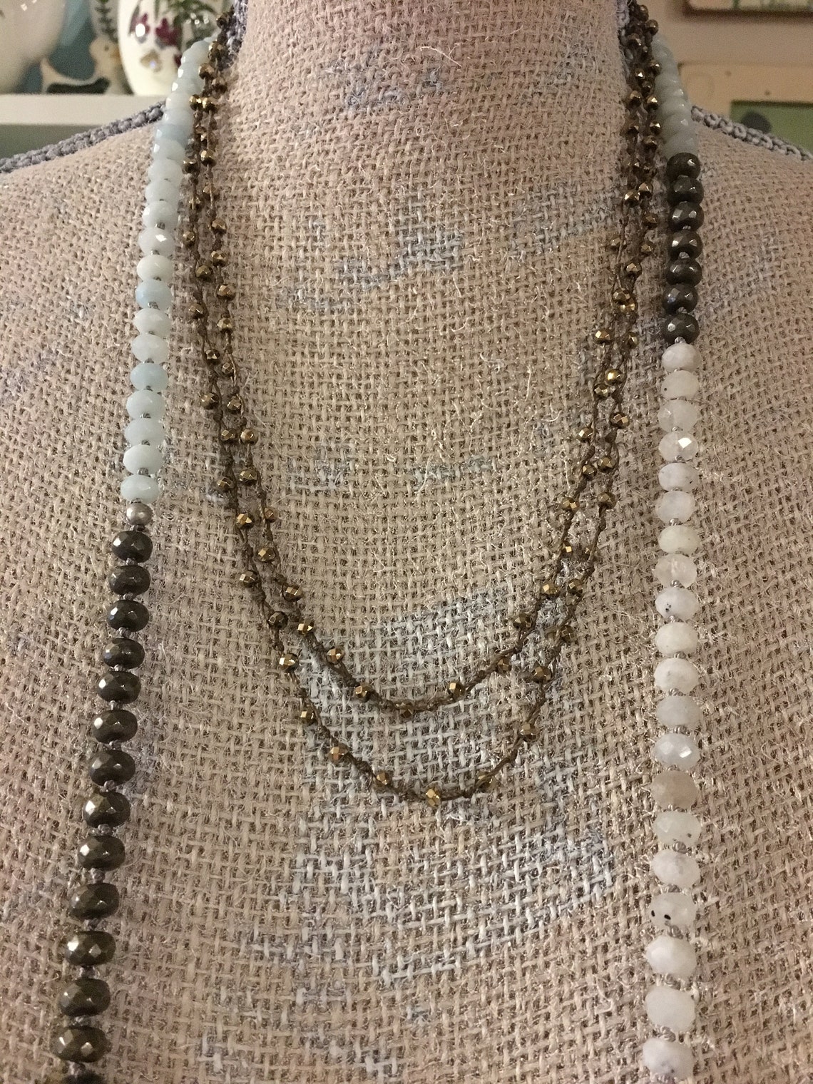 Color Block Long Layering Moonstone Pyrite and Blue Amazonite | Etsy