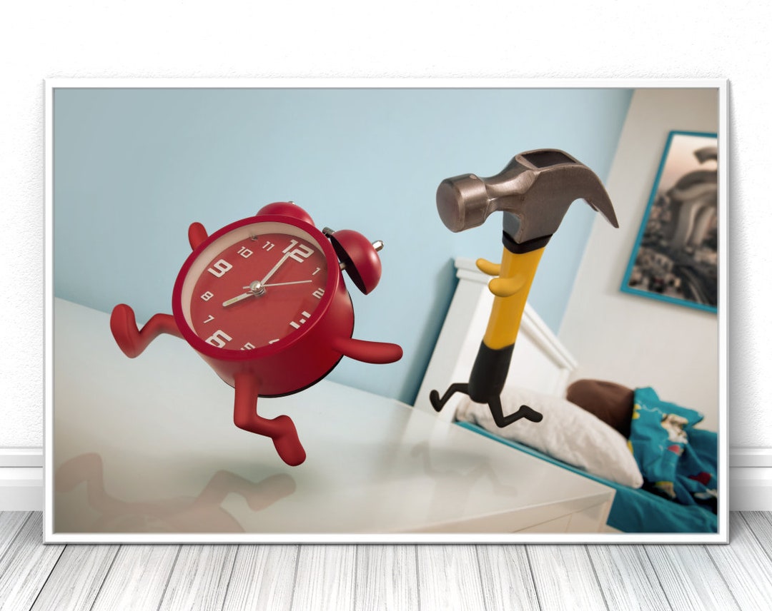 Alarm Clock Print, Bedroom Wall, Large Comic Fine Art, Office Poster ...