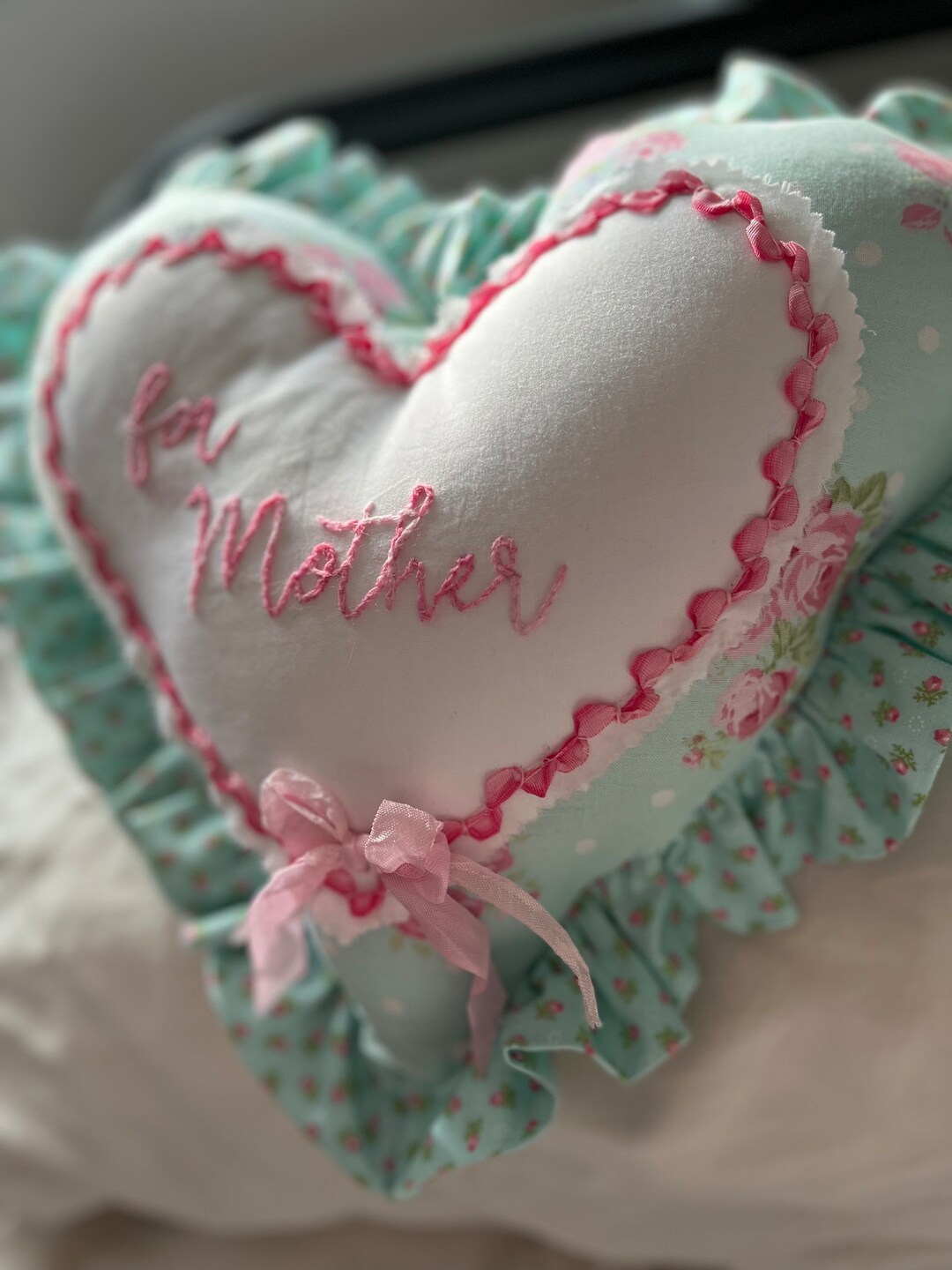Aqua Blue & Pink Heart Shaped Book Pillow for Mom Pink Roses, Hand ...