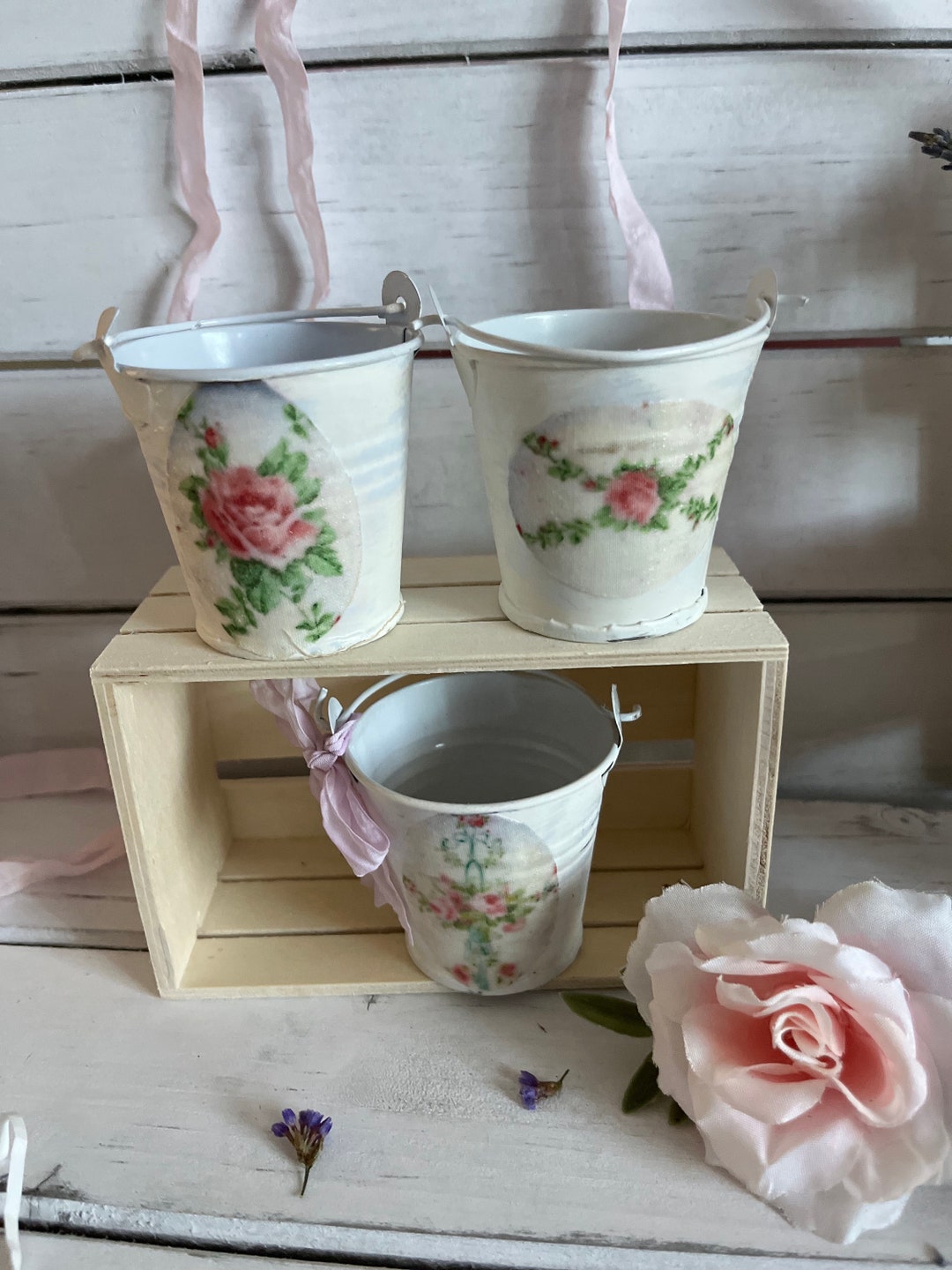 Shabbyfrench Roses Tin Pails , Tired Shelf Displays, Mini French Pails ...