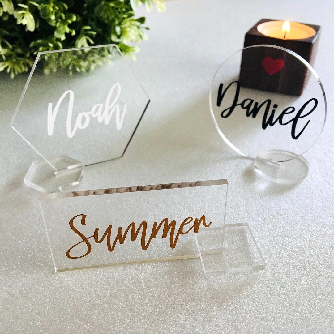 Personalized Clear Acrylic Place Card Holders - Geometric Wedding Name ...