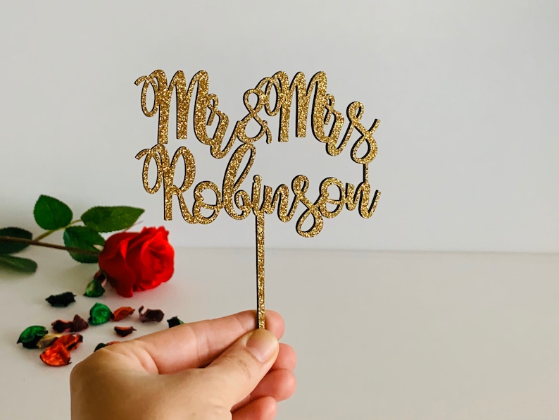 Personalized Gold Glitter Wedding Cake Topper With Custom Last Name ...