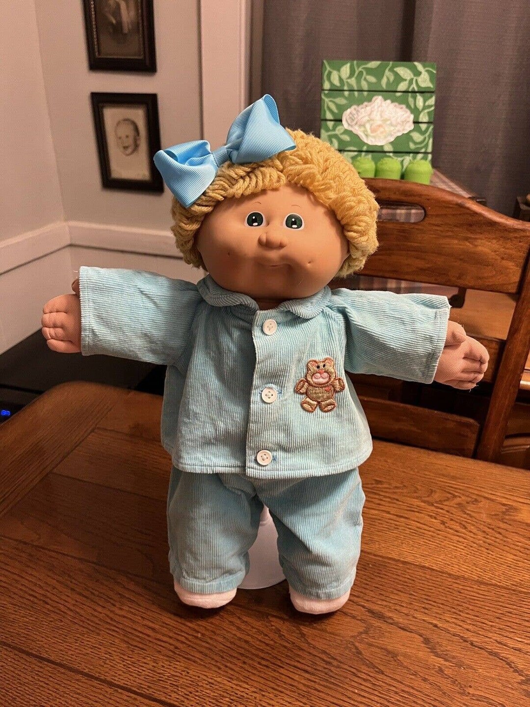 1980s Cabbage Patch Kid Blonde Hair Green Eyes KT Teddy Bear Blue ...