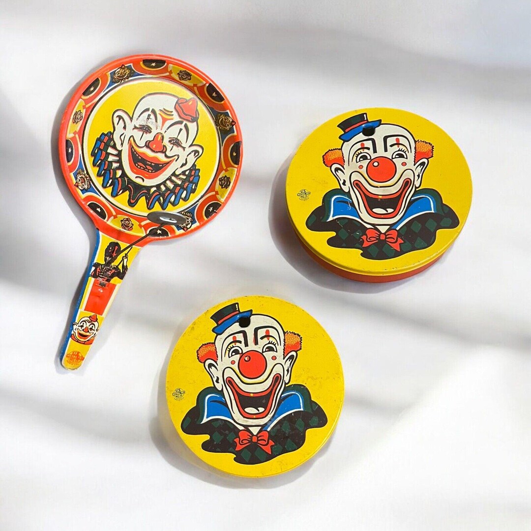 Vintage US Metal Toy Co Tin Clown Disk and Flapper Noisemakers Set of 3 ...
