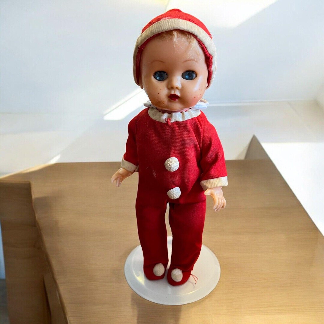 Vintage 1950s Hard Plastic Sleep Eyes Freckles Doll in Chrismas Outfit ...
