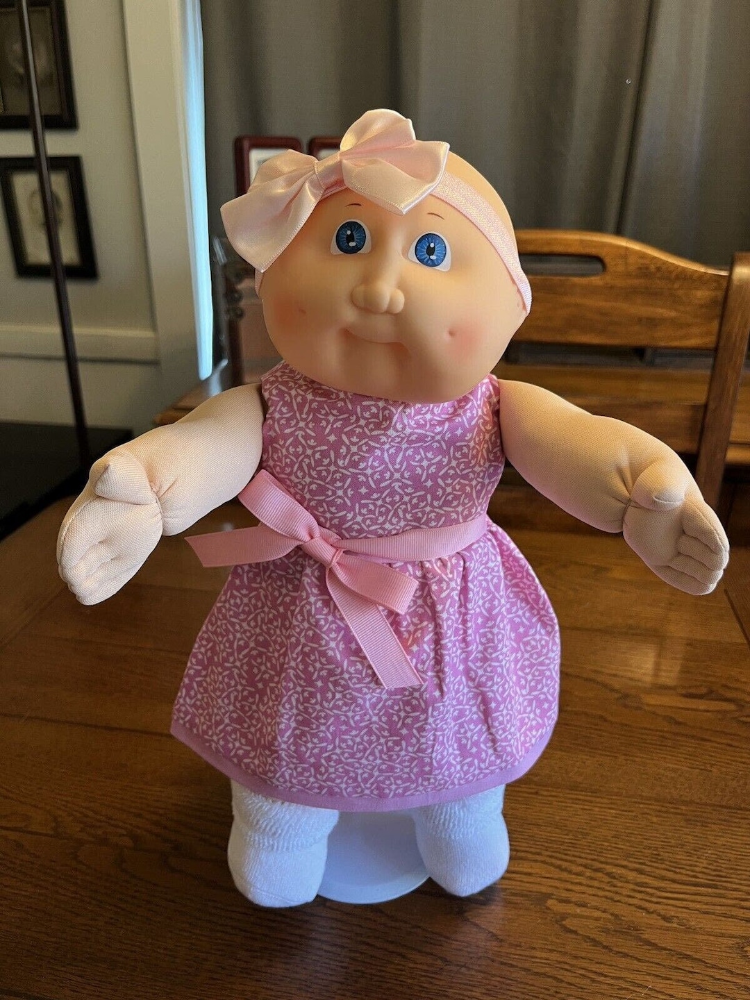 1980s Cabbage Patch Kid Bald Blue Eyes Blush Dimples Pink Floral Dress ...