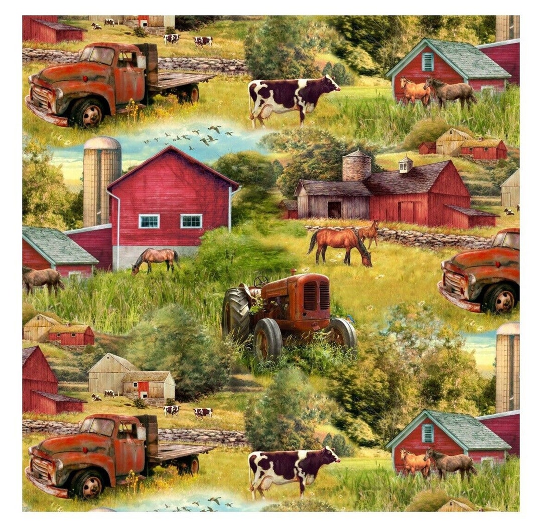 David Textiles Cotton Fabric Barns and Trucks Rural Country Farm 44 X 1 ...