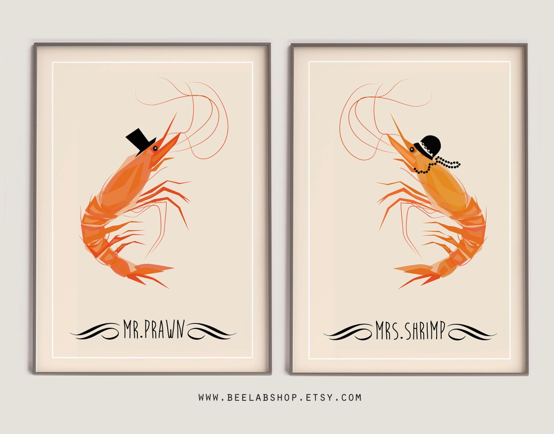 Set of 2 Mr Prawn and Mrsshrimp Food Art, Minimalist Print Poster Mid ...