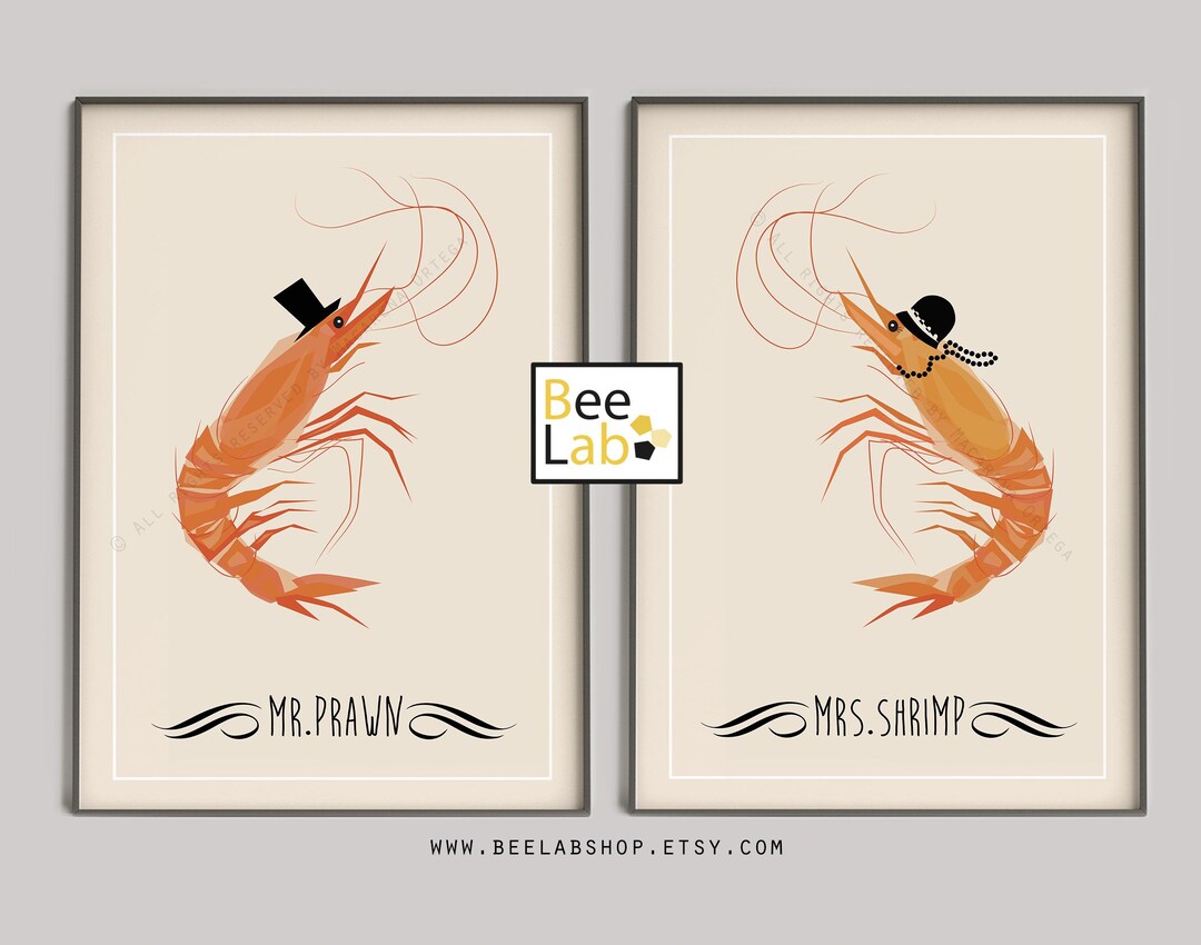 Mr Prawn & Mrs Shrimp Art Print Set | Minimalist Food Poster, Sea Life ...