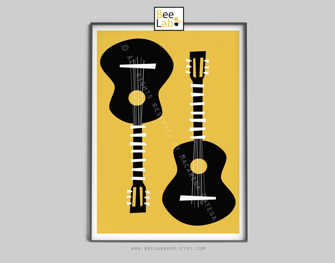 Guitar Art Print | Retro Guitar Poster, Mid-century Instrument Decor ...