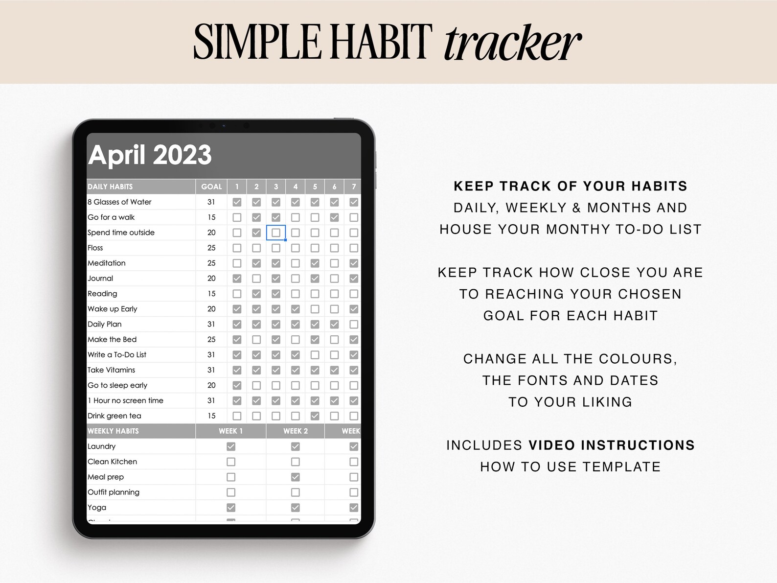 Habit Tracker Google Sheet Template Goals Tracker Wellness Spreadsheet ...