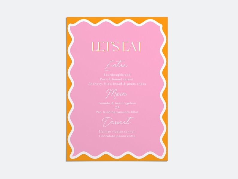 Modern Menu Orange and Pink Wavy Border Design Party Stationery Instant ...