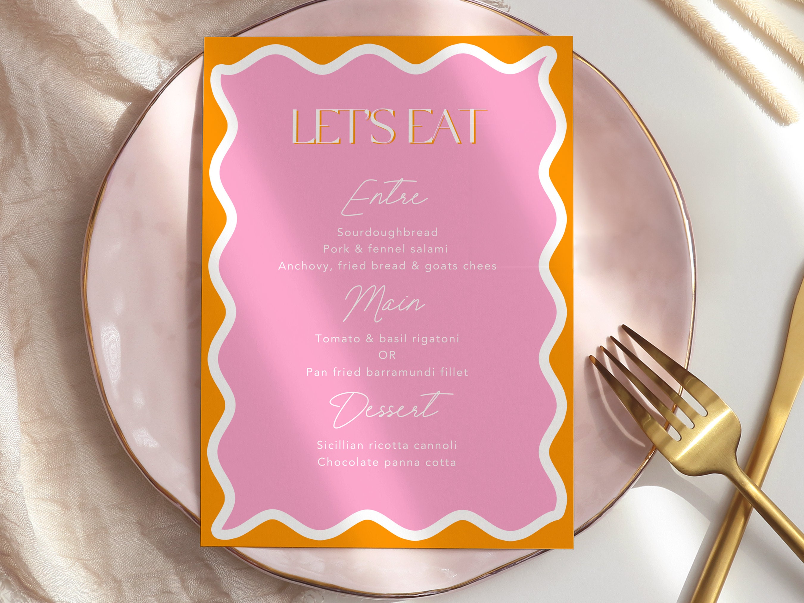 Modern Menu Orange and Pink Wavy Border Design Party Stationery Instant ...