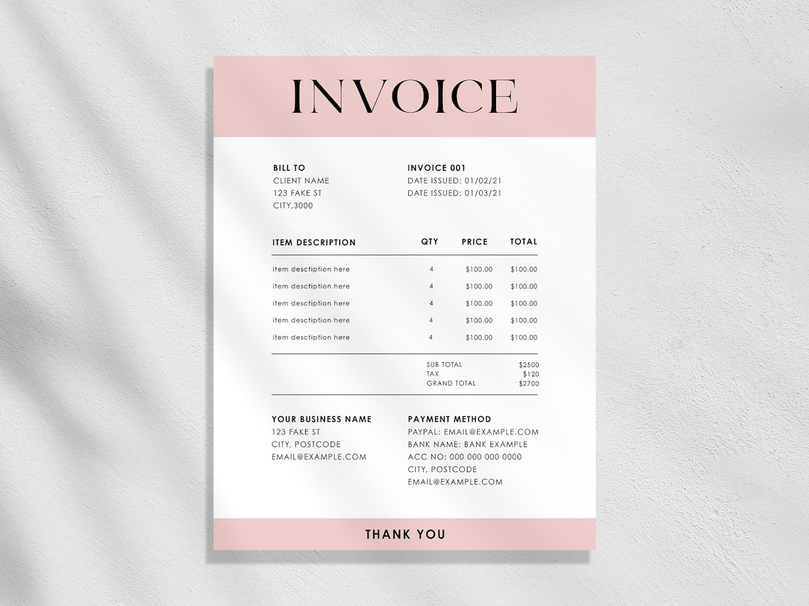 Pink Invoice Template Editable Invoice Small Business | Etsy
