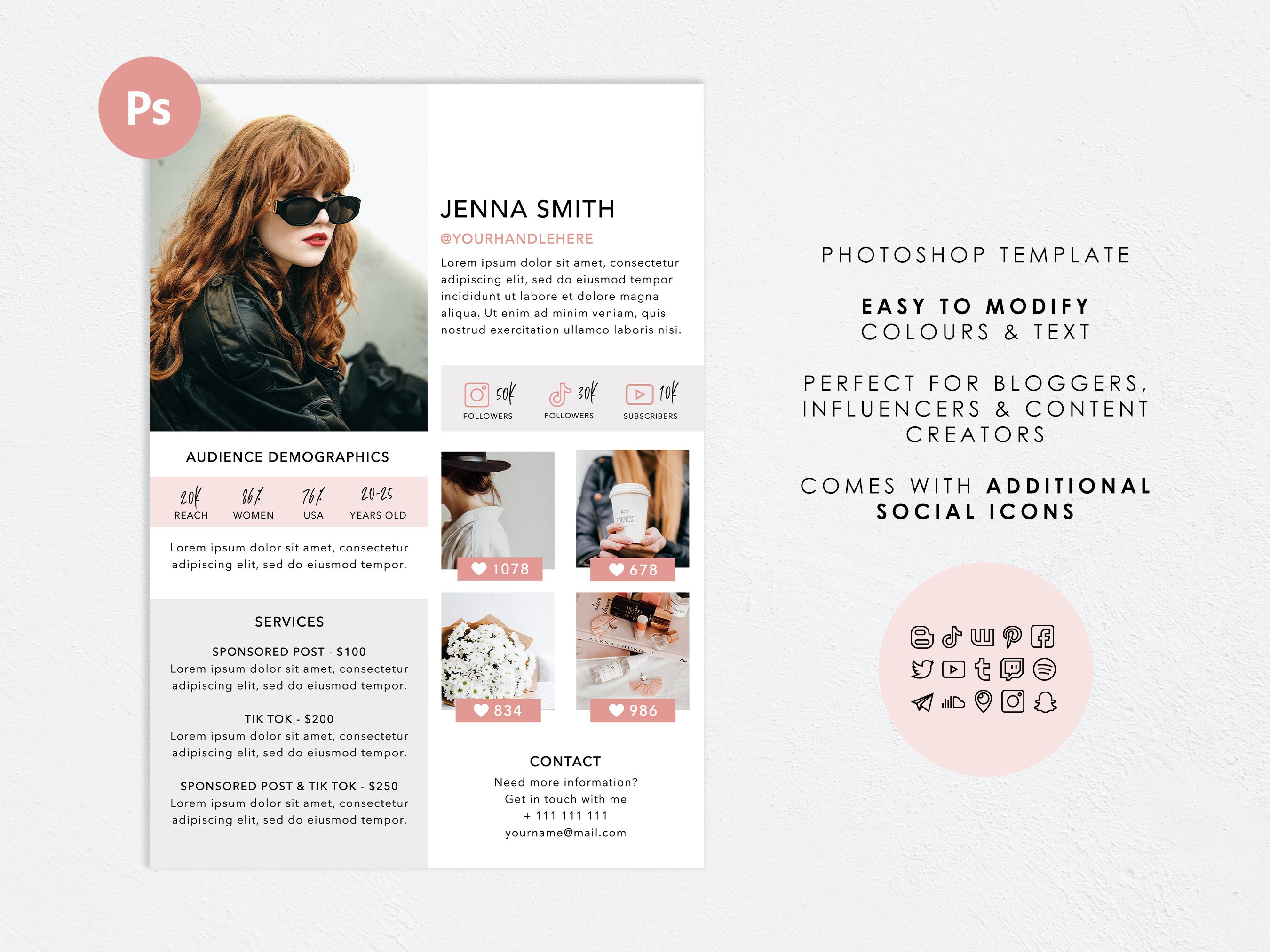 One Page Media Kit for Bloggers & Influencers Photoshop - Etsy