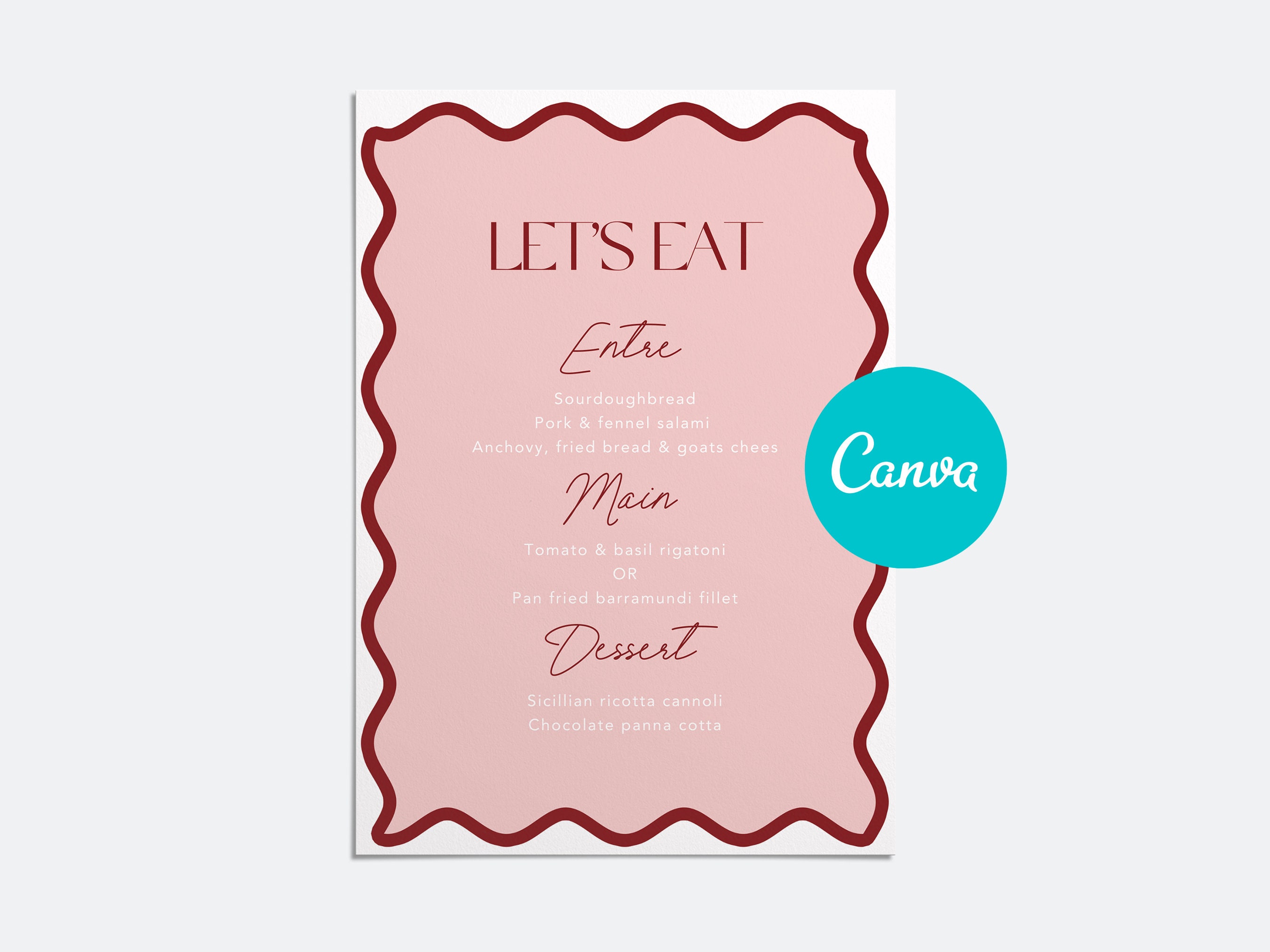 Modern Menu Pink and Red Wavy Border Design Party Stationery Instant ...