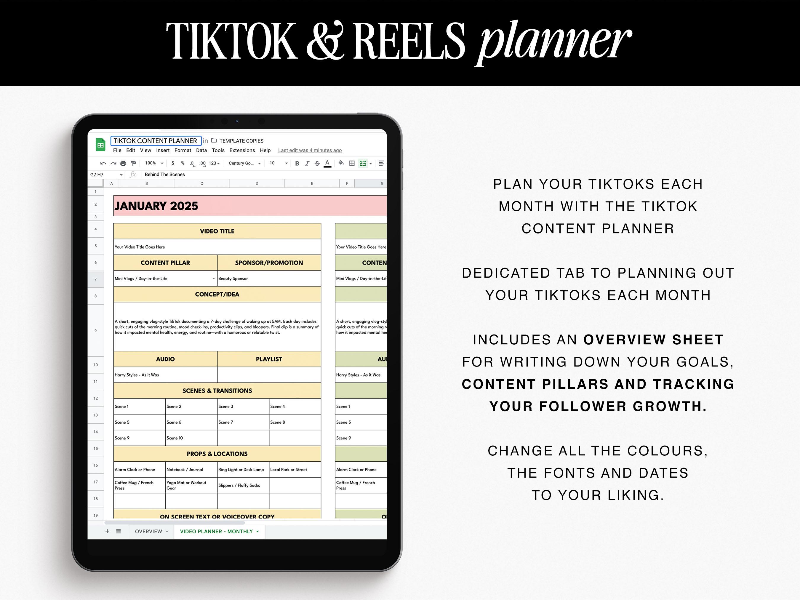 Tiktok & Reel Video Content Planner | Google Sheet Spreadsheets | Excel ...