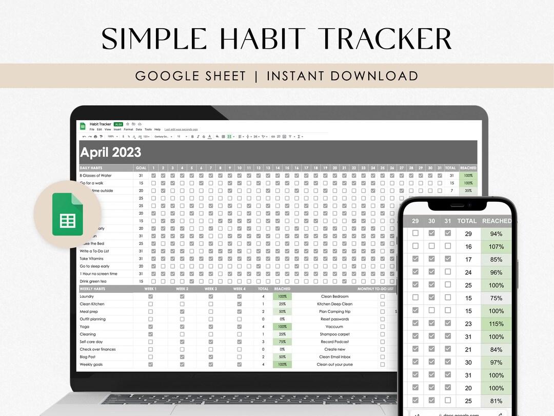 Habit Tracker Google Sheet Template Goals Tracker Wellness - Etsy
