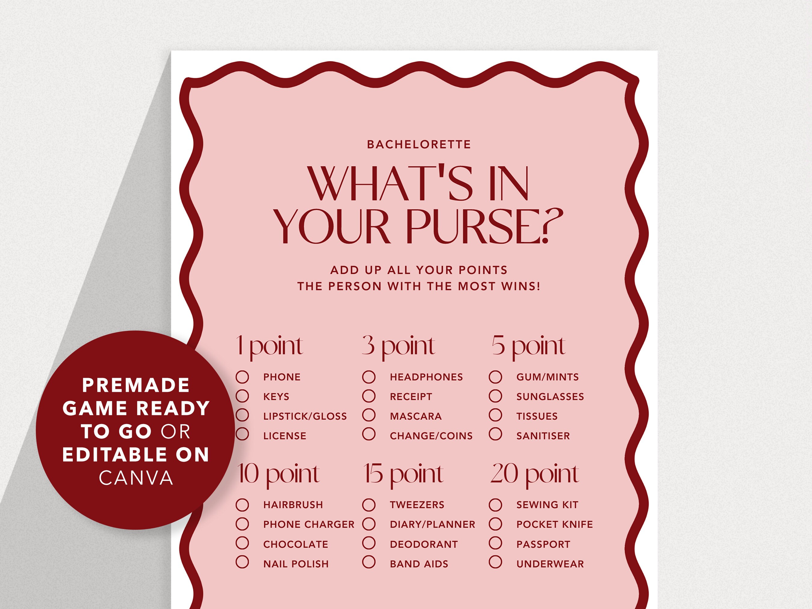 What's in Your Purse Game Hens & Bridal Shower Party Game Bachelorette ...