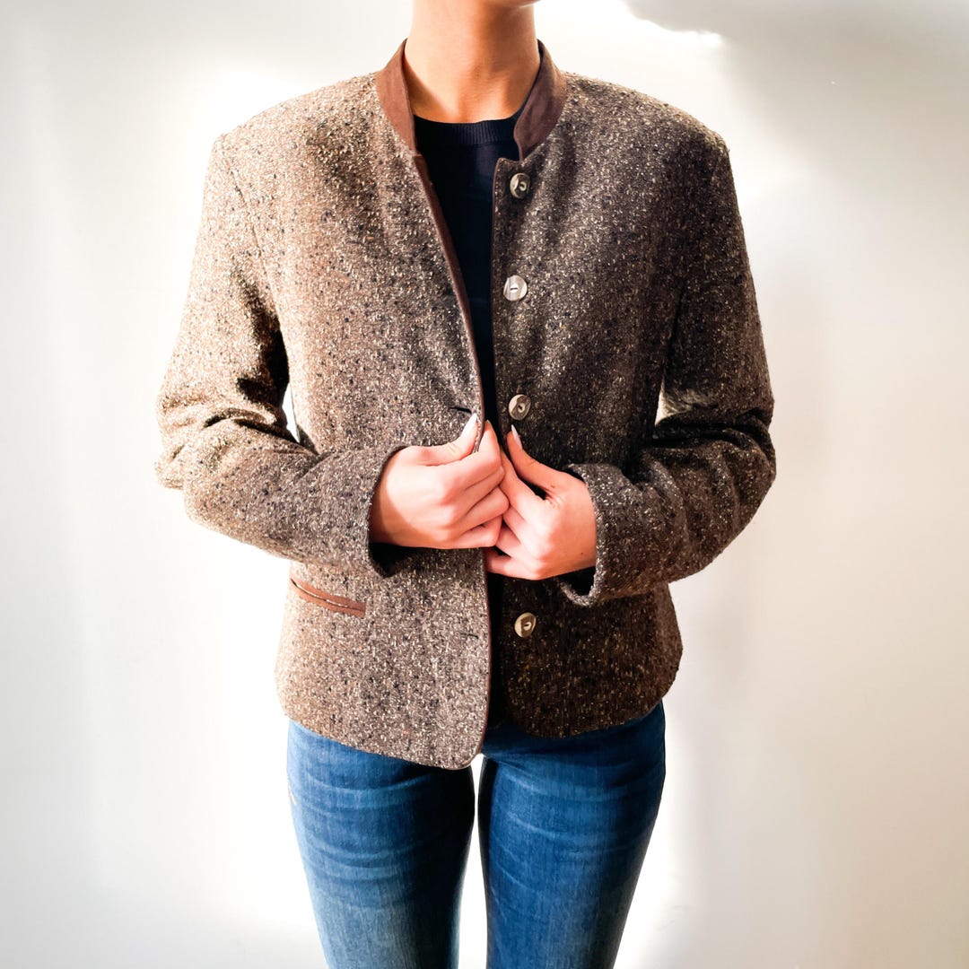 Vintage Austrian Wool Bouclé Jacket: Leather Trim, Deer Antler Buttons ...
