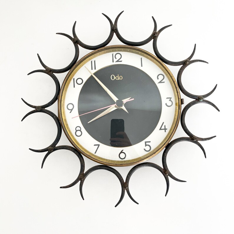 Vintage French Mid Century Wall Clock by ODO Brutalist Iron Sunburst ...