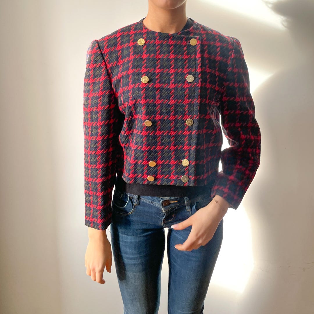 Vintage 80s Jackie O-style Cropped Blazer Jacket in Red Check Pattern ...