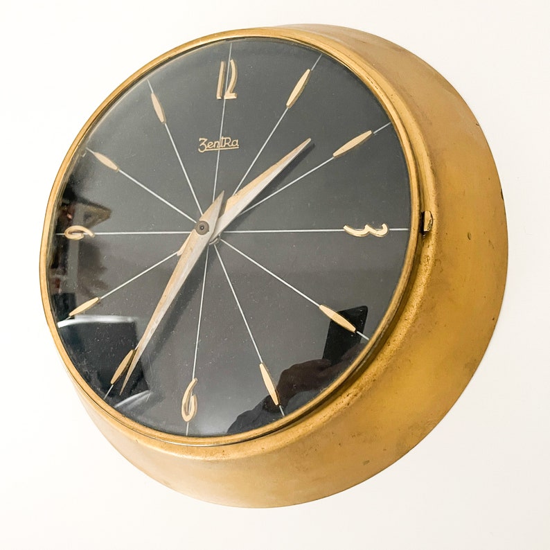 Mid Century Wall Clock by Zentra Black Brass Modernist 1950s 50s - Etsy