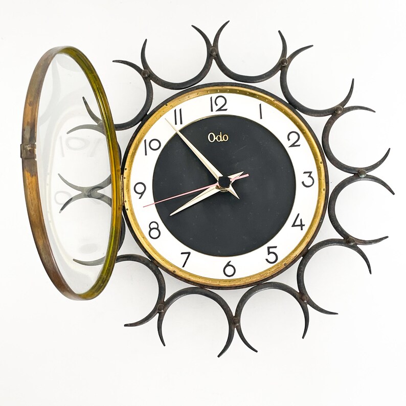 Vintage French Mid Century Wall Clock by ODO Brutalist Iron Sunburst ...