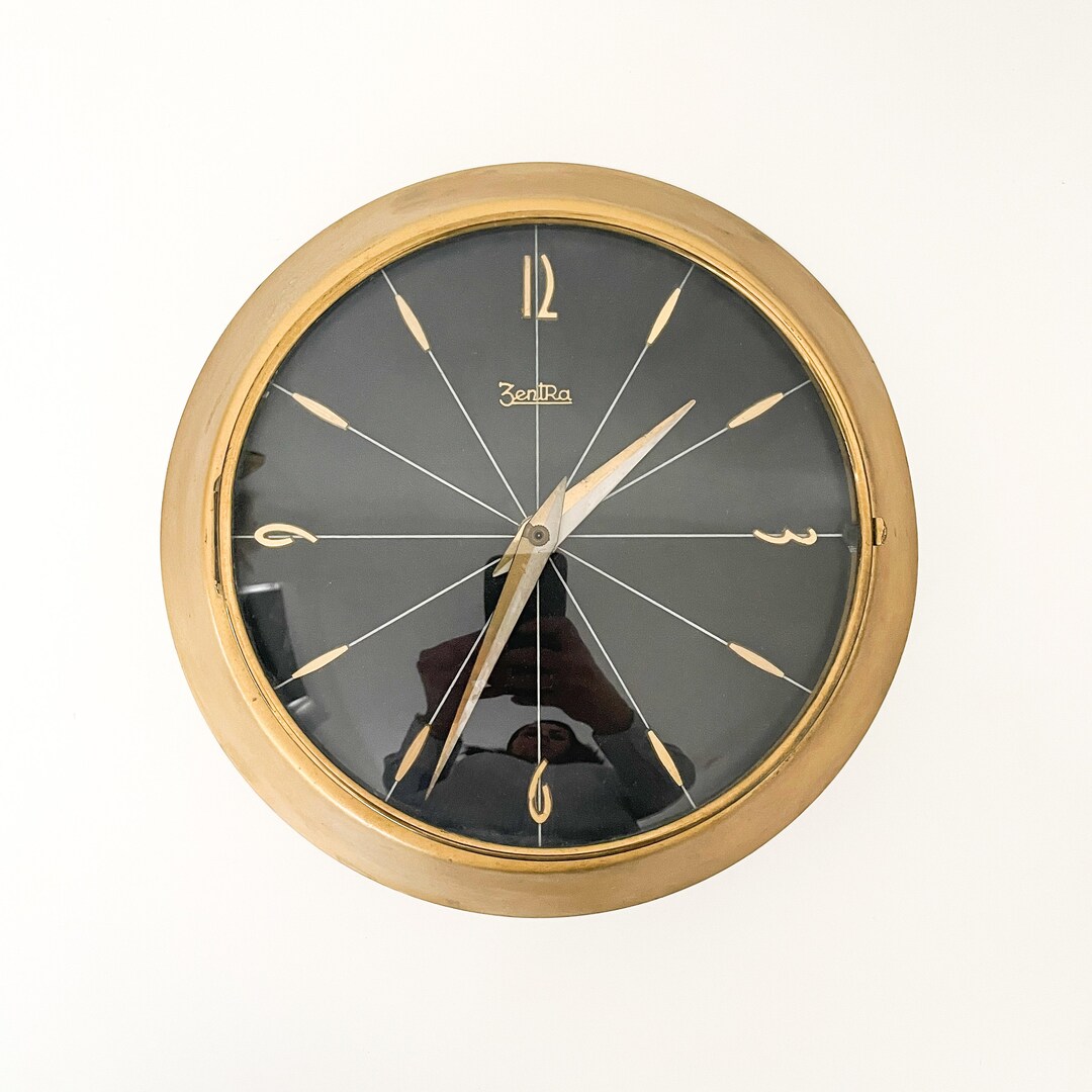 Mid Century Wall Clock by Zentra Black Brass Modernist 1950s 50s - Etsy