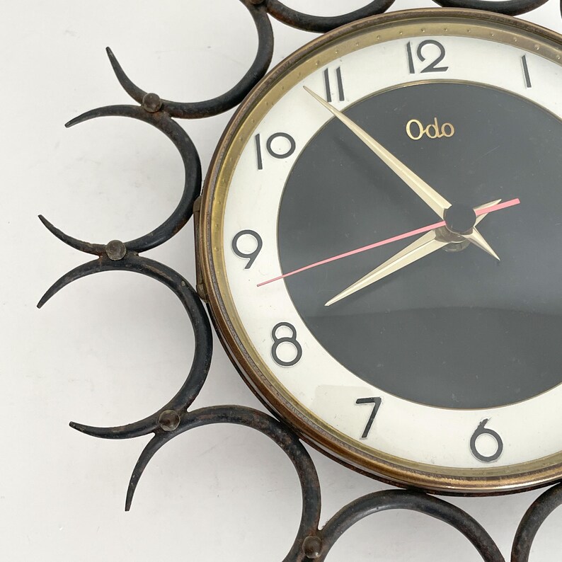 Vintage French Mid Century Wall Clock by ODO Brutalist Iron Sunburst ...