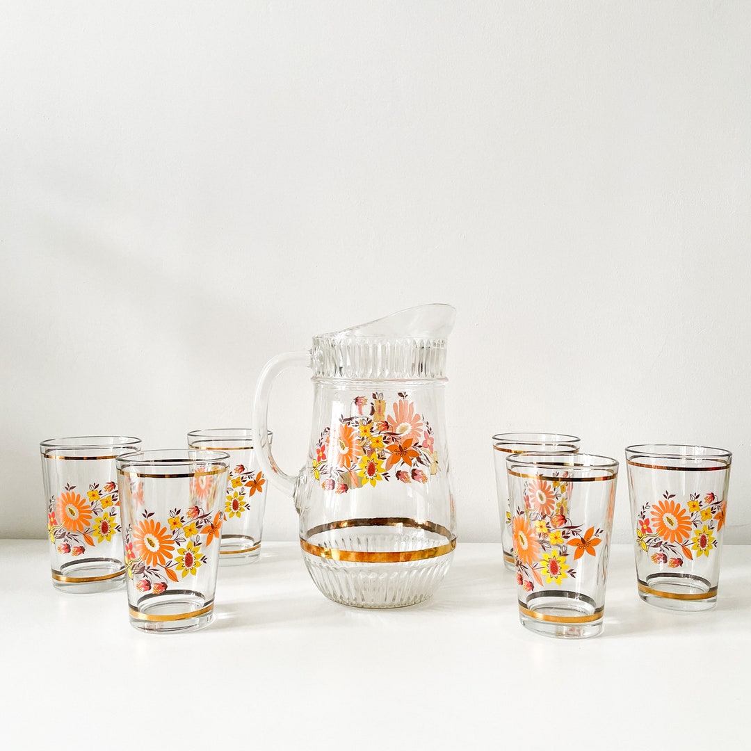 Vintage Mid Century Glass Set Jug Pitcher Lemonade Crystall Glass Set ...