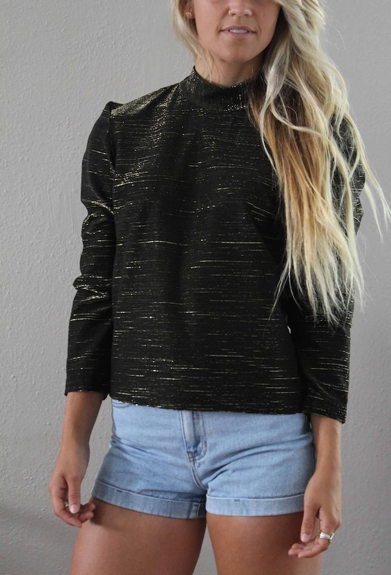 Black and Gold Metallic Top | Turtle Neck Long Sleeve… - Gem