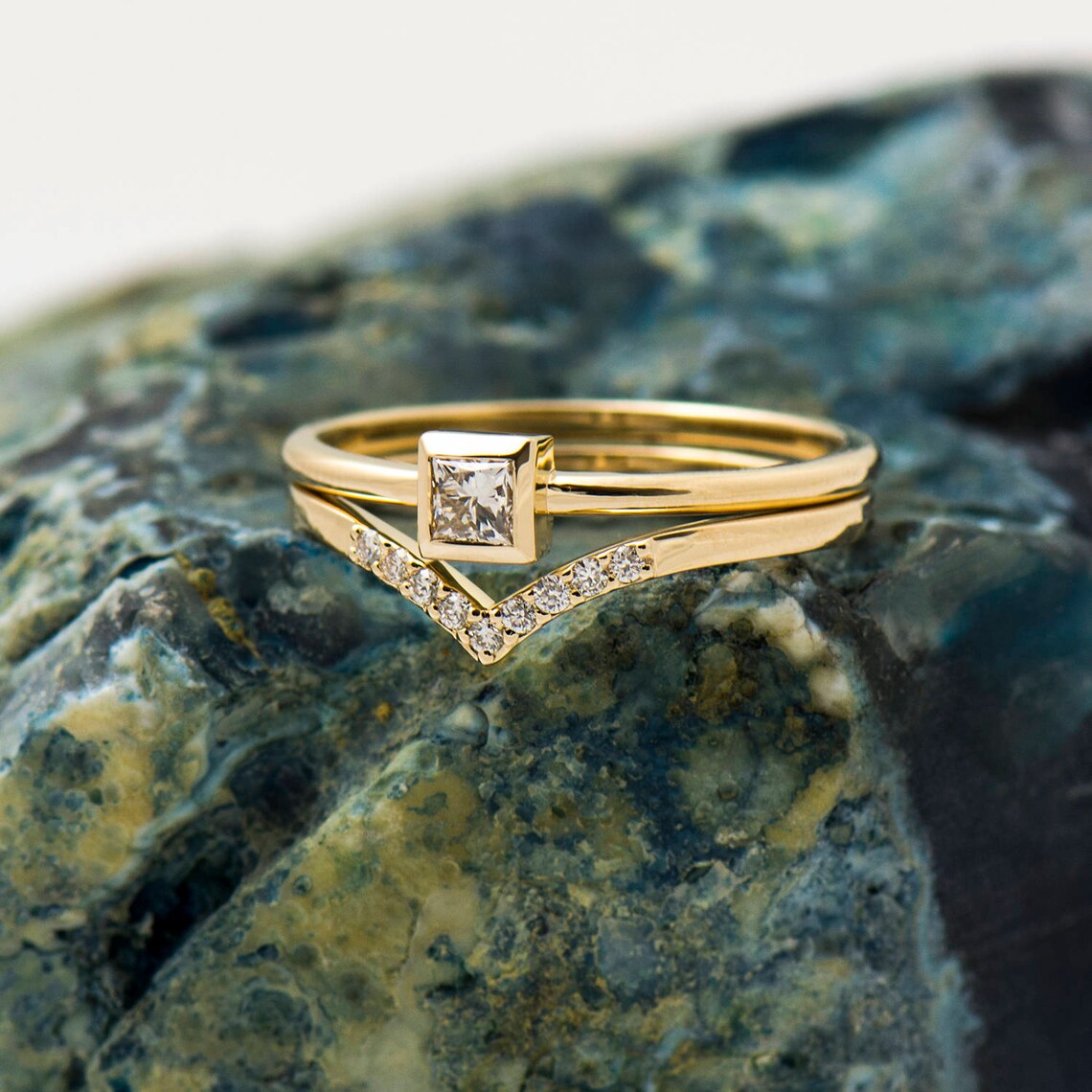 Square Diamond Set 14K / 18K Yellow Gold Rings Set Minimal - Etsy