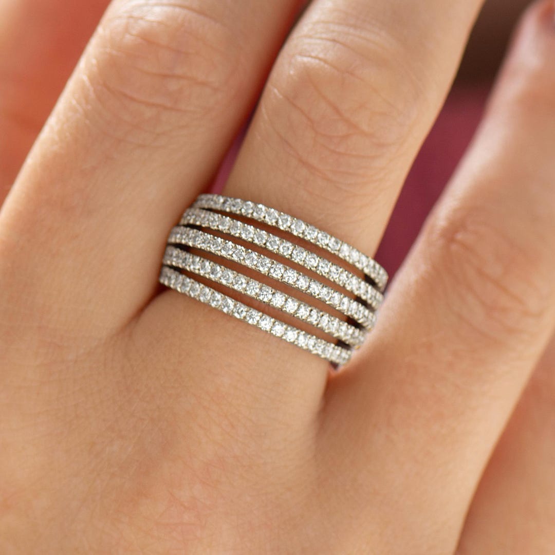 Multi Band Ring, 14K / 18K White Gold, Wide Diamonds Ring, Statement ...