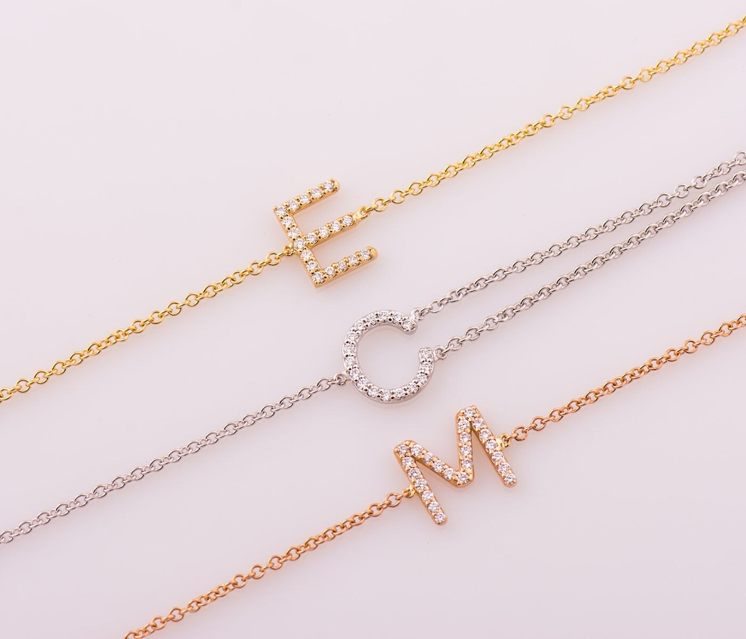Alphabet Letter Diamond Bracelet, 14K White Gold, Minimal Diamond ...