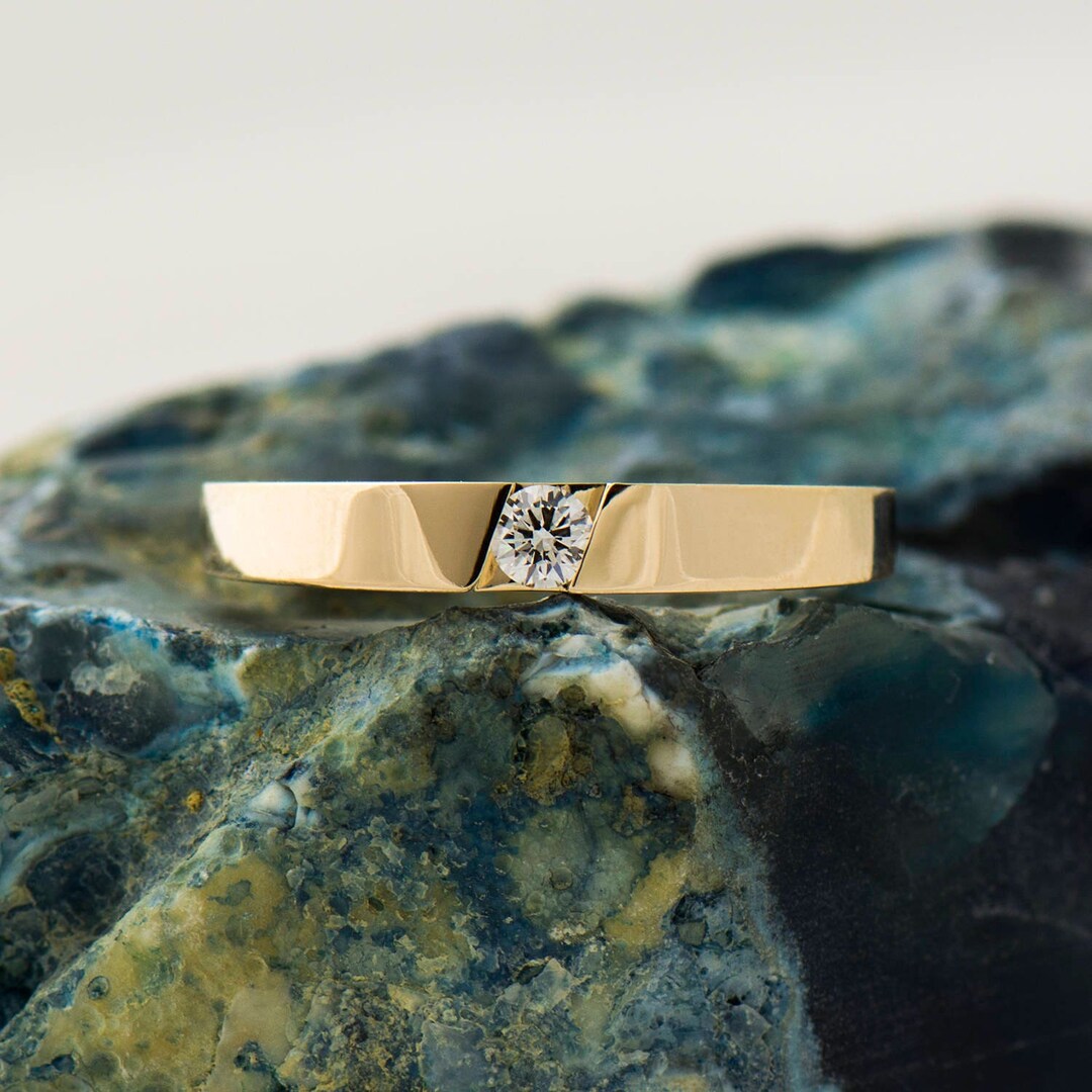 Tension Set Ring, 14k / 18k Yellow Gold Diamond Ring, Unisex Diamond ...