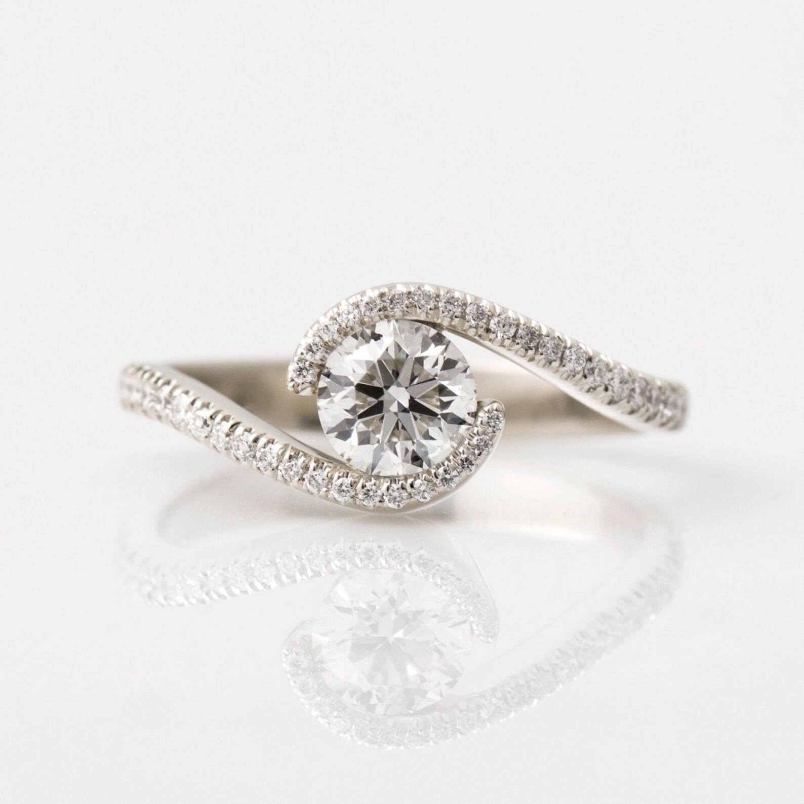 Bypass Engagement Ring 14K / 18K White Gold Ring Pave Ring - Etsy