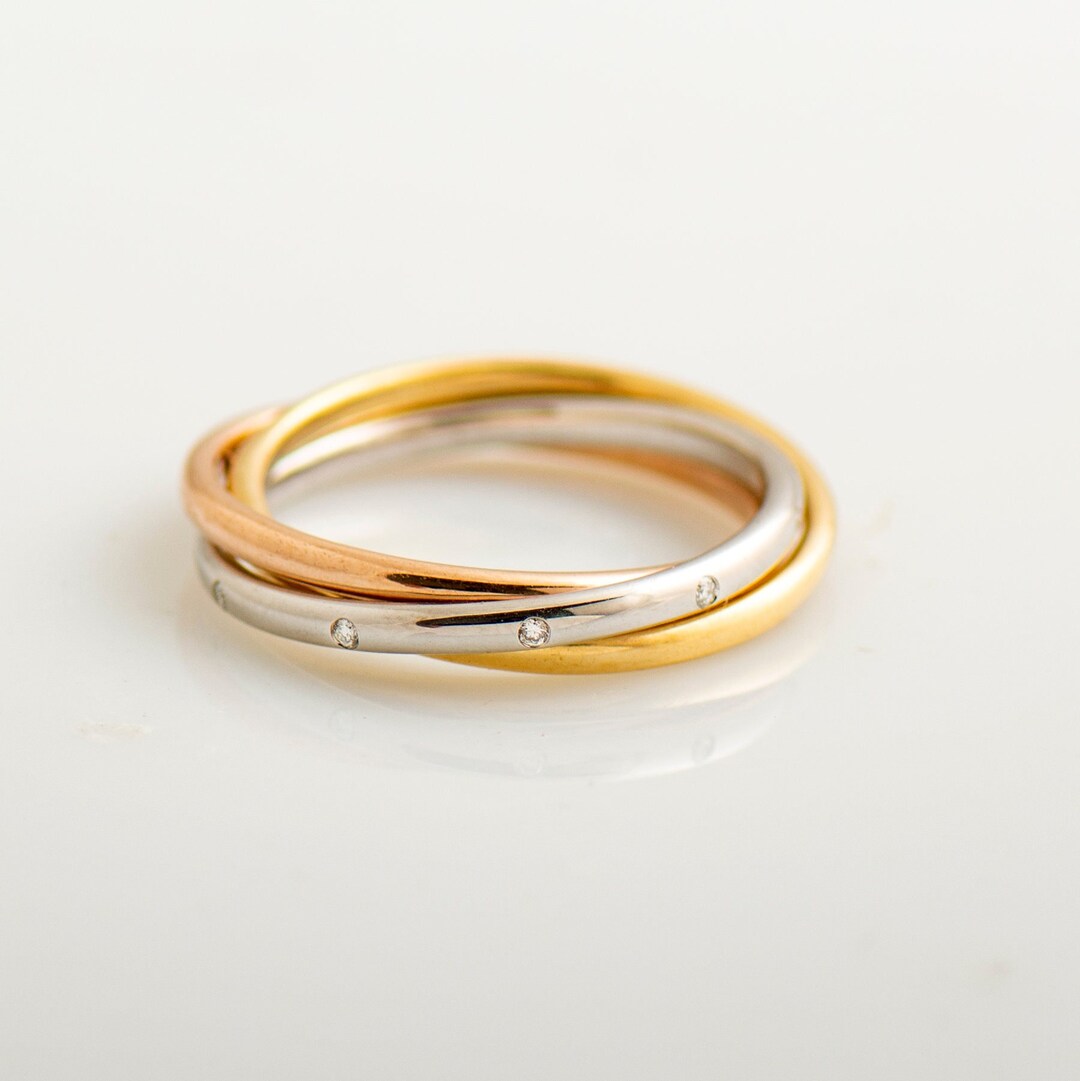 Three Tone Ring, 14K / 18K Gold, Diamonds Band, Evenly Spaced Diamonds ...