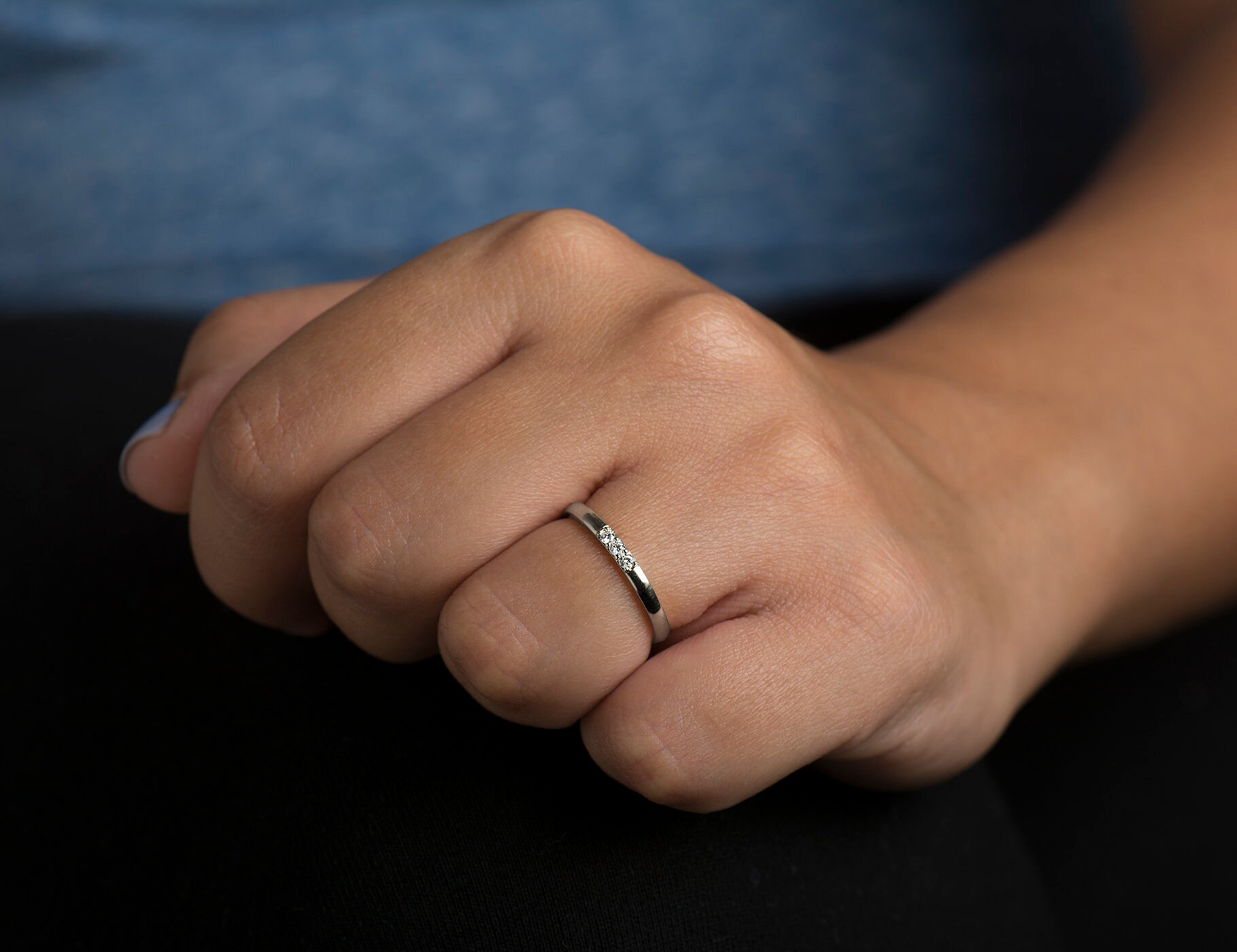 2 Mm Three Diamond Ring 14K / 18k White Gold Smooth Wedding - Etsy